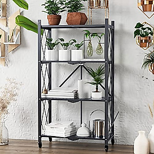 SogesHome Metal Foldable Shelf, 4-Tier Movable Storage Display Shelf Cart, Free-Standing Rack with Rolling Wheel for Kitchen, Living-Room, Bathroom, Bedroom, Black
