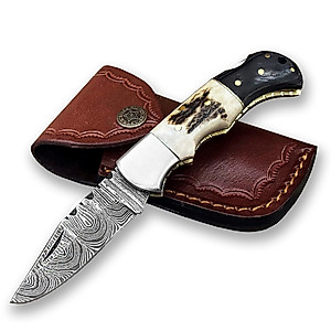 WINTERFELL Damascus Steel Folding Pocket Knife for Men with Leather Sheath, 100% Handmade Gifts for Husband, Dad, Boyfriend, Damascus Steel Groomsman Gift Knives