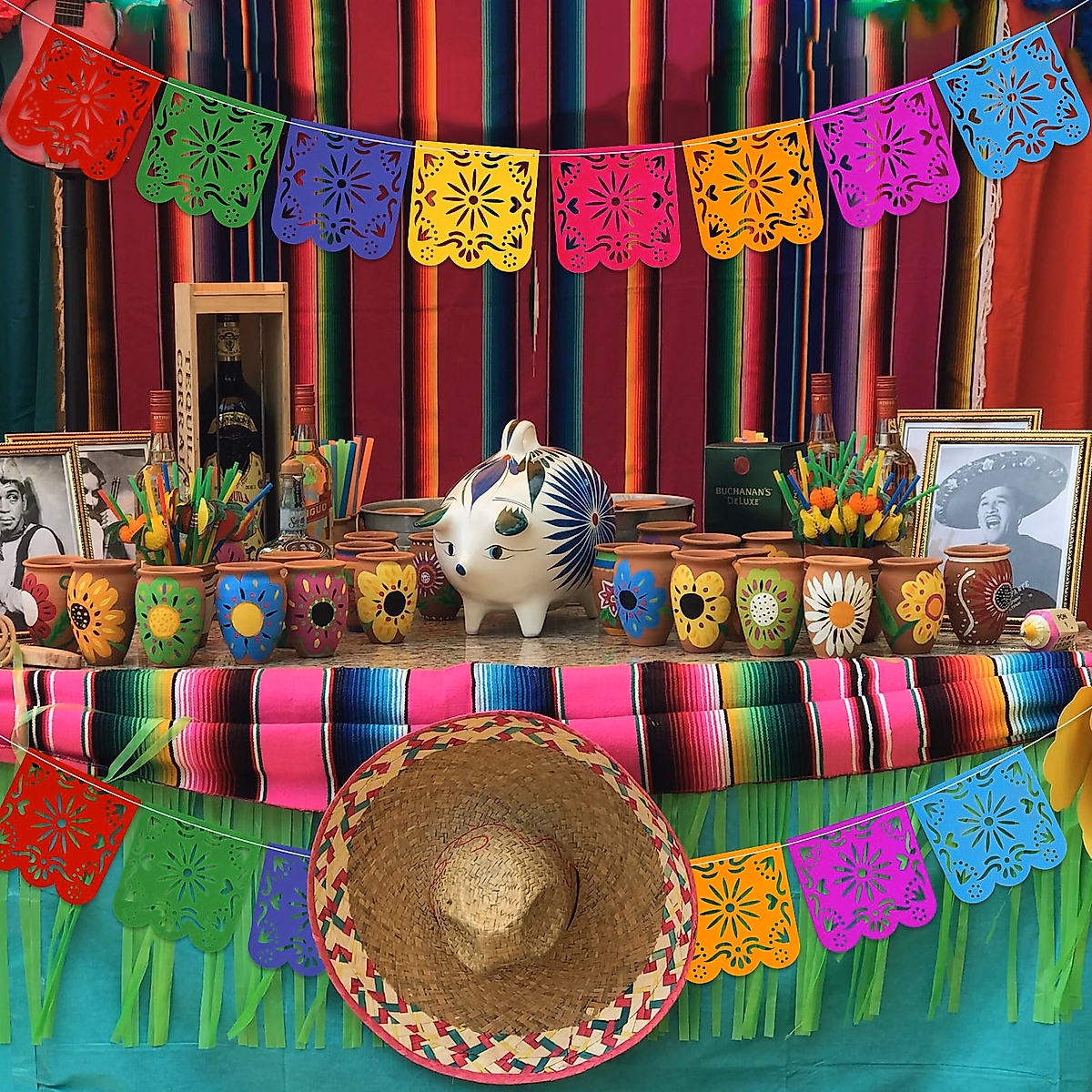 Qpout 2 Pieces Mexican Party Decorations Banners, Felt Colorful Day of the Dead Papel Picado Banner, Fiesta Birthday Baby Shower Party Decorations, Dia De Los Muertos Garland, Cinco de Mayo Flags