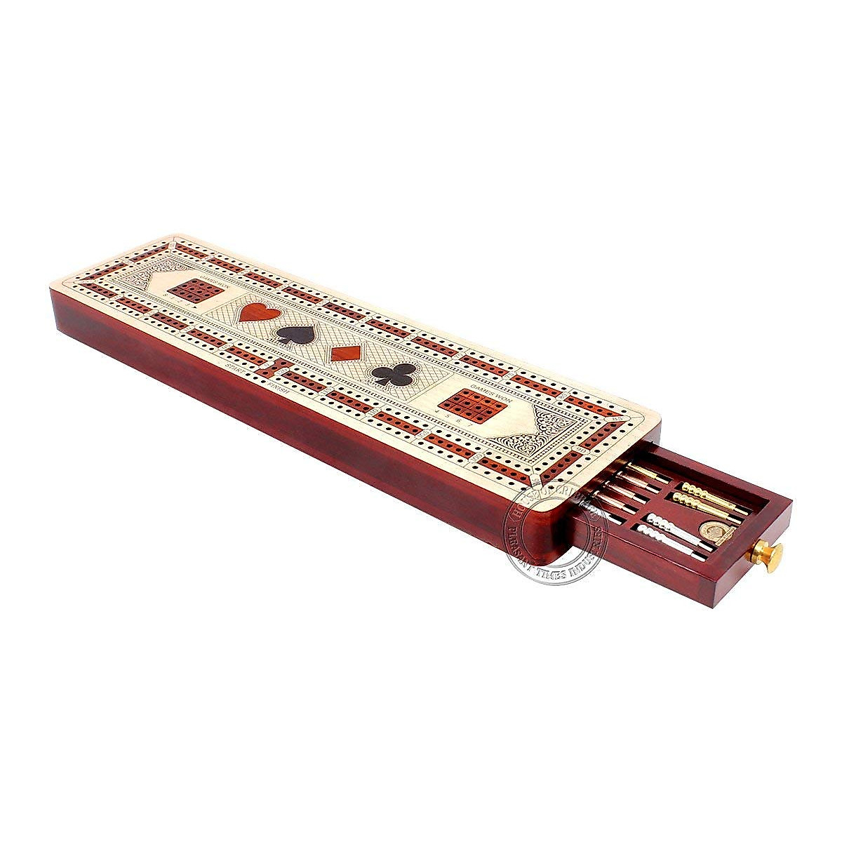 House of Cribbage - 3 Track Continuous Cribbage Board Inlaid in Maple Wood/Bloodwood - Size: 12.5 Inch - Wood Inlaid Card Symbols (Suits) + Storage Drawer for Cribbage Pegs