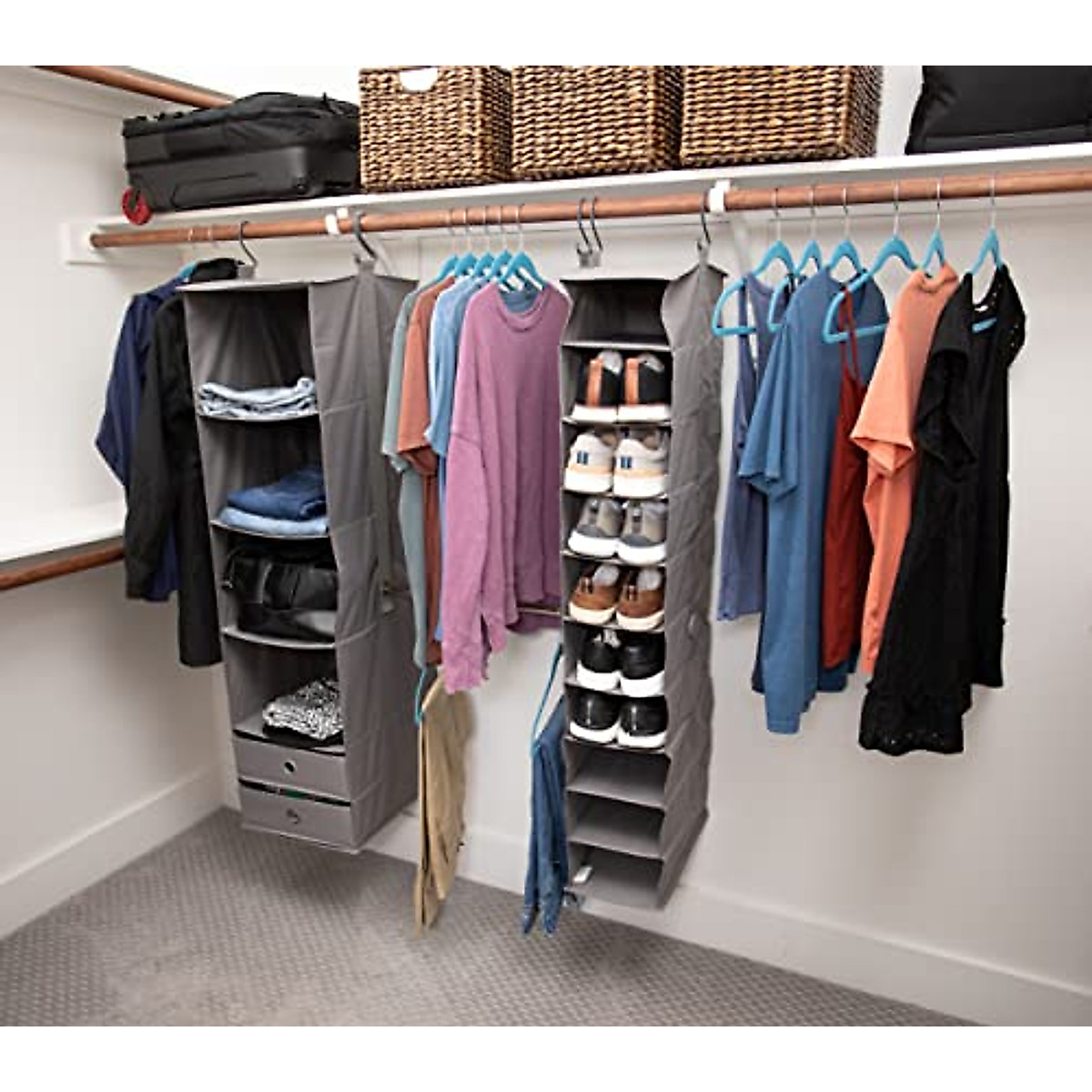 BIRDROCK HOME 5pc Hanging Closet Organizer System with Storage Shelves - Grey - Shoe Clothing Organization - Great for College Dorms or Kid Bedrooms Nursery