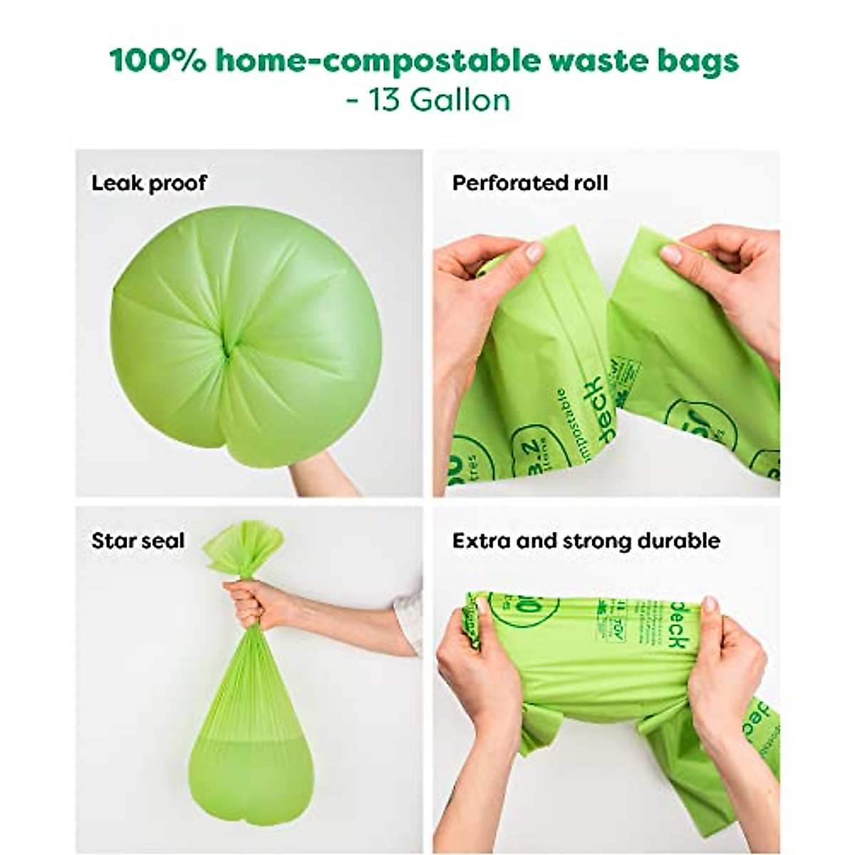 Biodeck 100% Compostable Waste Bags 13 Gallon / 50 L | Kitchen Food Scrap/Organic Waste Bags certified Biodegradable, HOME Compostable EN13433