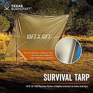 Texas Bushcraft Emergency Camping Tarp, Waterproof 10x10 Emergency Shelter for Backpacking and Hiking, 70D Ripstop Nylon Survival Tarp with Reflective Aluminized Polymer and Loop Ties with Grommets