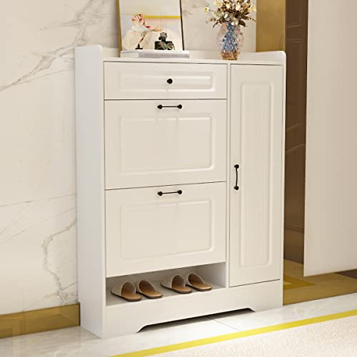 DiDuGo Shoe Cabinet with 2 Flip Drawers & Locker, Shoe Storage Cabinet with Drawer & Bottom Shelf, for Entryway Hallway White (35" W x 8.7" D x 47.2" H)