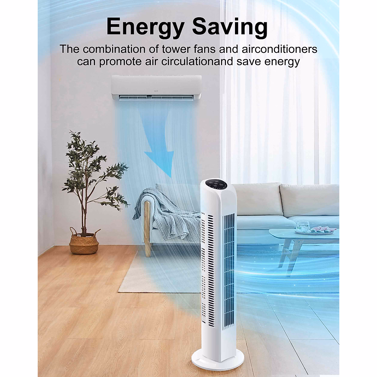 Uthfy Oscillating Bladeless Tower Fan with Remote, Quiet Cooling Portable, Electric Standing Floor Fan with 3 Wind Speeds 3 Modes for Bedroom,Indoor,Office and Home Use, 30", White