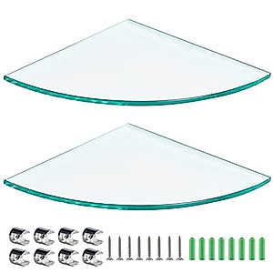 Sanbege 2 Pcs Tempered Glass Corner Shelf with 8 Brackets, 12" x 12" Floating Shower Caddy, Wall Mounted Shampoo Holder Organizer for Bathroom, Kitchen, Living Room