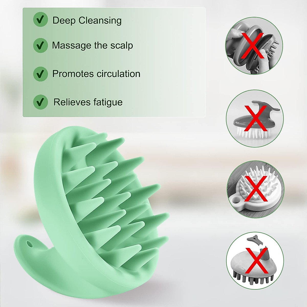 AONCO Scalp Massager Shampoo Brush, 100% Soft Silicone Scalp Scrubber, Scalp Exfoliator Brush for Dandruff Removal, Scalp Massager for Hair Growth, Wet Dry Hair Massager Shampoo Brush（Green）