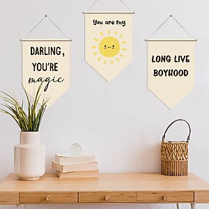 3 Pcs Canvas Hanging Pennant Flag Banner Wall Sign Decor Gift, Playroom Decor Long Live Boyhood Banner Boho Room Decor for Kids, Baby Boy, Baby Girl, Nursery Room Classroom Bedroom Decoration