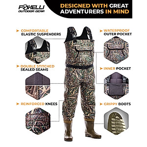Foxelli Neoprene Chest Waders, Camo Hunting & Fishing Waders for Men & Women with Boots, Waterproof Bootfoot Waders