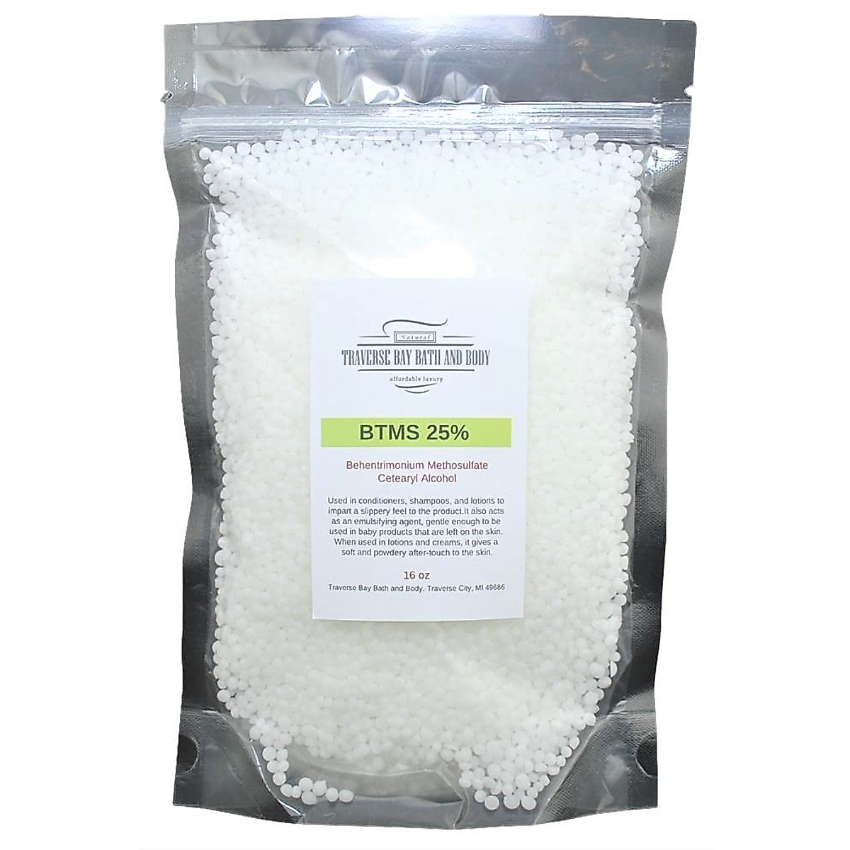 Traverse Bay Bath And Body BTMS Behentrimonium Methosulfate Cetearyl Alcohol 25% - 16 oz. Conditioning Emulsifier Resealable stand-up moisture barrier pouch.