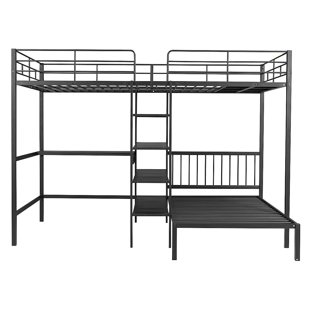 Merax Full Over Twin Metal Bunk Bed, L Shaped Loft Bed Frame with Built-in Desk, Shelves, and Ladder, Black