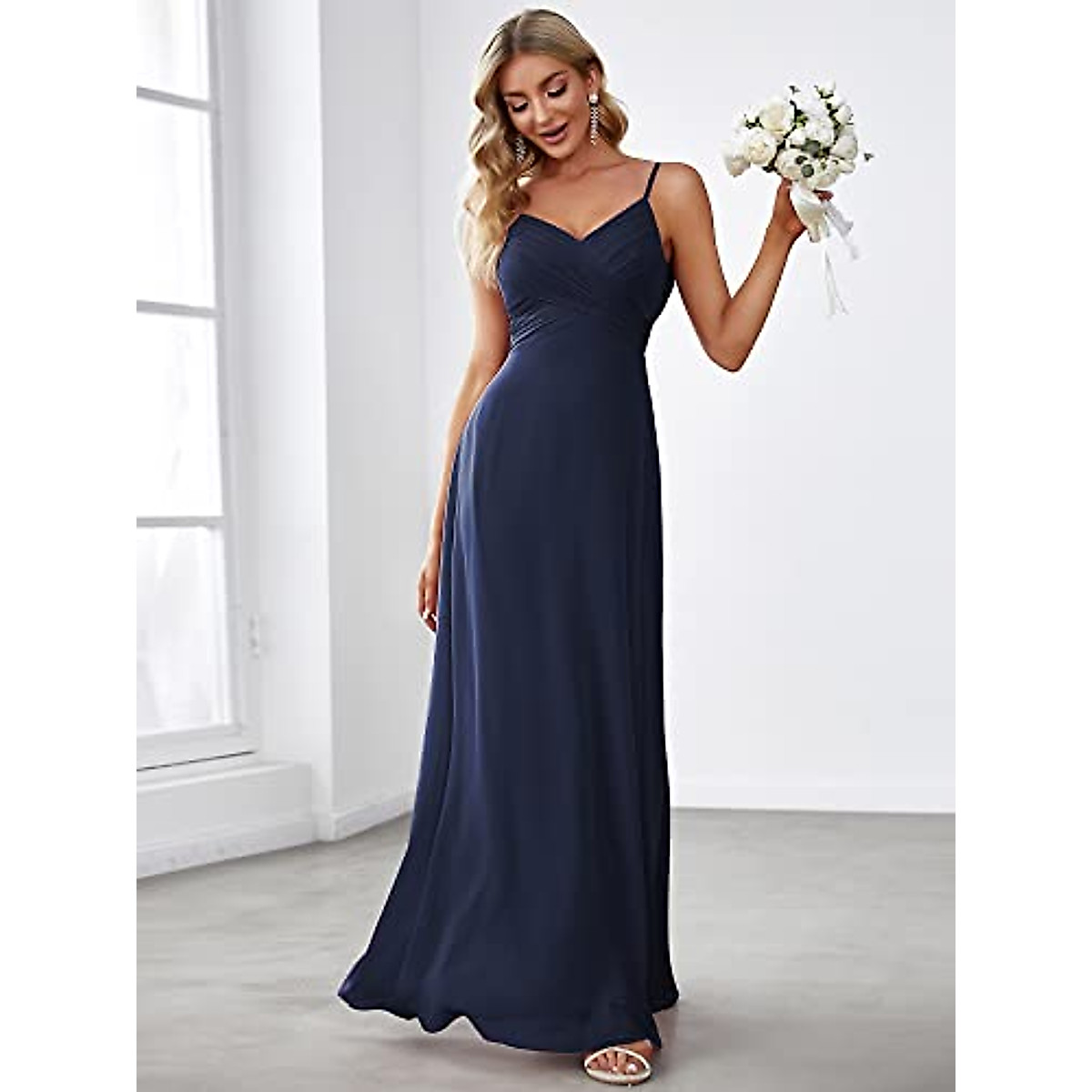Ever-Pretty Women's V-Neck Sleeveless Front Ruched Maxi A-Line Wedding Guest Dresses Navy Blue US16