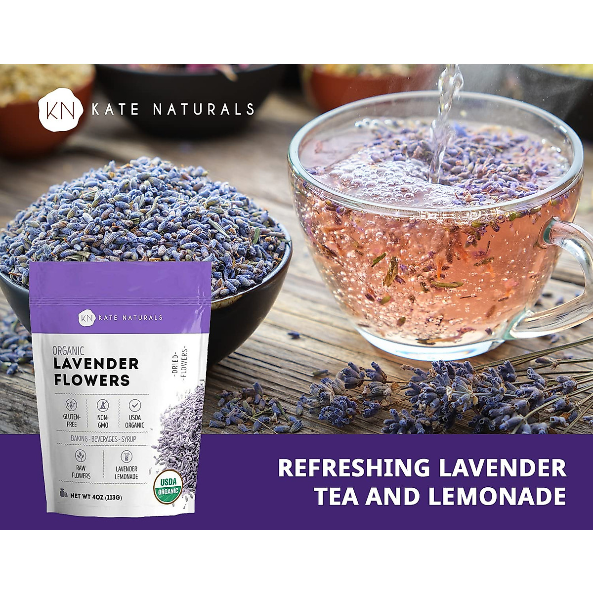 Dried Lavender Flowers for Tea and Soap Making (4oz) - Kate Naturals. USDA Organic Dried Flowers From Lavender Plant for Lavender Tea & Lemonade. Culinary Lavender and Edible Lavender Buds.