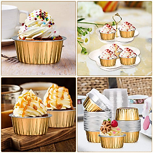 Disposable Ramekins with Lids, 25 Pack/ 5 oz Gold Aluminum Foil Dessert Baking Cups, Reusable Cupcake Liners Pudding Cups for Wedding, Christmas, Kitchen, Party, Various Holiday Parties