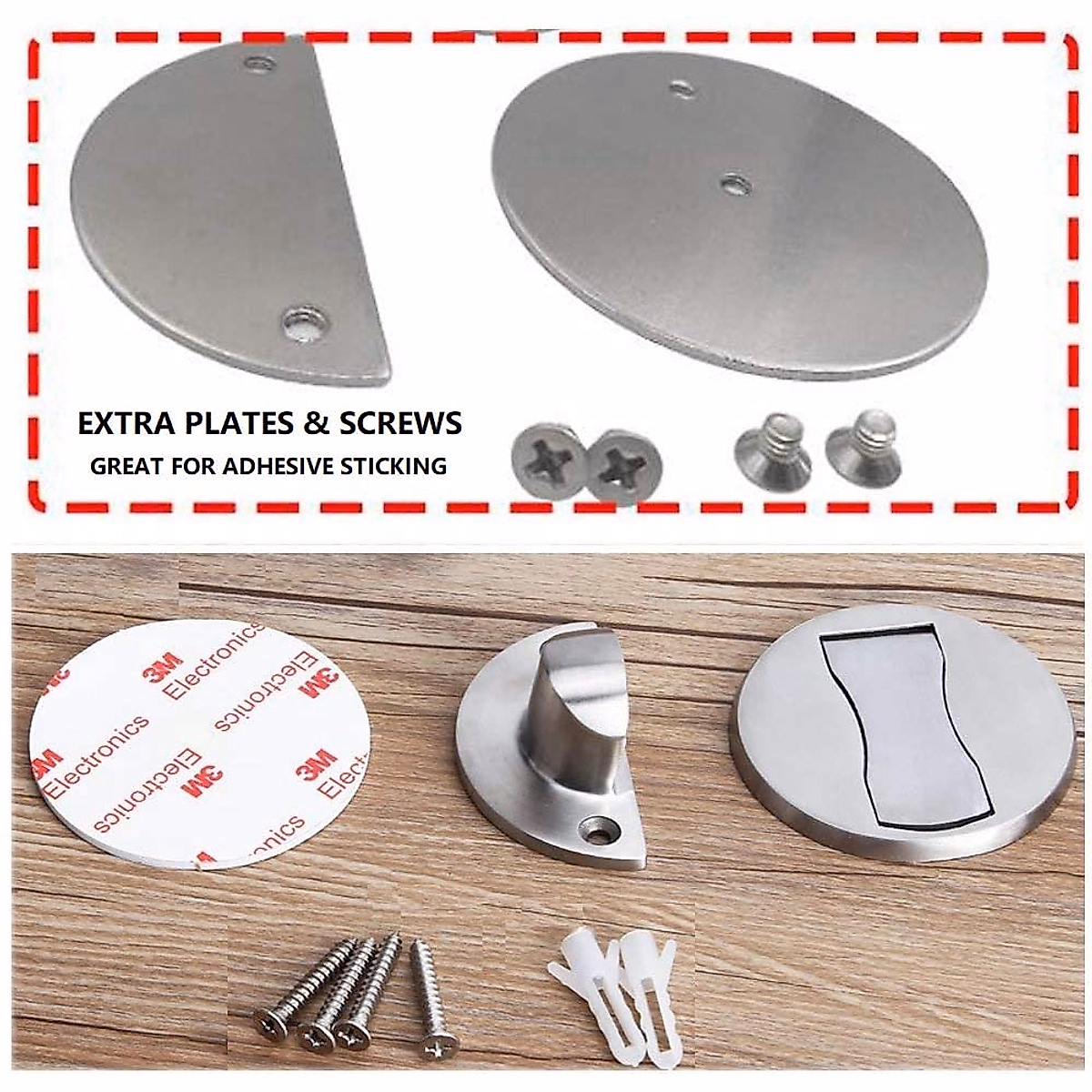 Magnetic Door Stopper, Invisible Magnetic Door Stop, Brushed Satin Nickel, No Need Drill with 3M Adhesive, Stainless Steel Floor Magnetic Door Catch Door Holder