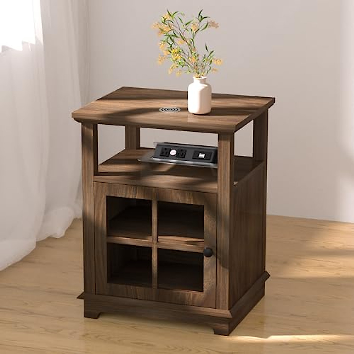 FAGAGA End Table with Charging Station, Side Table with Storage, Wireless Charging End Table for Living Room,Dark Walnut Nightstand with Adjustable Shelf