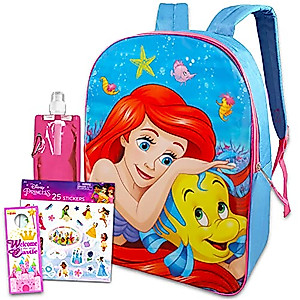 Disney Princess Ariel Backpack for Kids Girls - 15” Little Mermaid Backpack for Girls 4-6 Bundle Stickers, Water Pouch, More | Disney Little Mermaid Backpack Kids