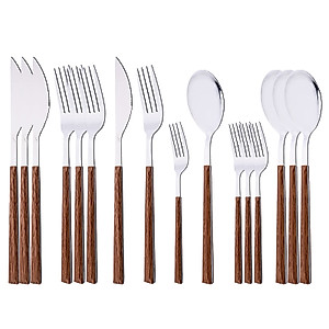 Uniturcky Silverware Set for 4, 16-Piece Stainless Steel Flatware Cutlery Set, Tableware Eating Utensil Set with Wooden Effect Handle, Include Knife Fork Spoon, Mirror Polished, Dishwasher Safe