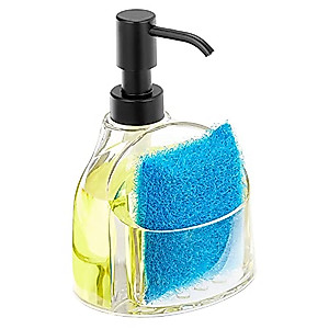mDesign Modern Plastic Kitchen Sink Countertop Liquid Hand Soap Dispenser Pump Bottle Caddy with Storage Compartment - Holds and Stores Sponges, Scrubbers and Brushes - Clear/Black