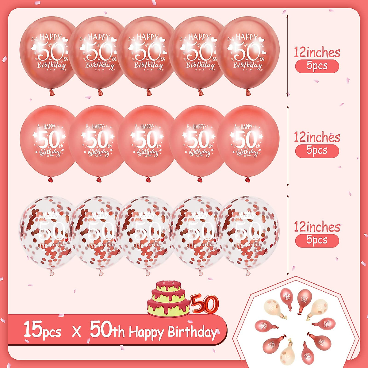 50th Latex Birthday Balloons,15 Pcs Rose Gold Happy 50th Birthday Balloons, Rose Gold 50th Birthday Party Decorations Balloons for Women Men 50th Birthday Anniversary Decoration
