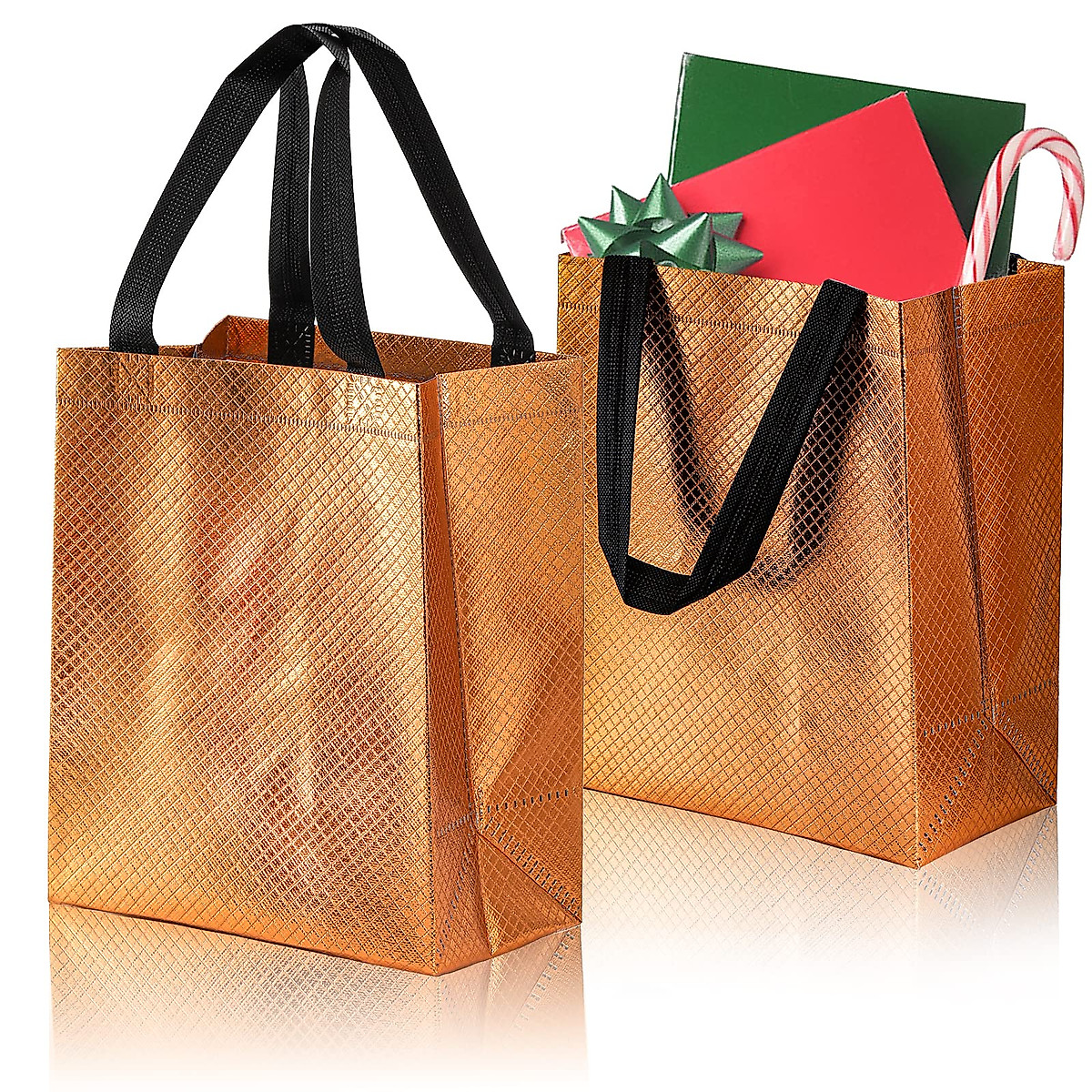 Nicunom 60 Pack Reusable Gift Bags, Grocery Bags Tote Bags Bulk Gold Glossy Party Favor Bags Gift Bags for Present Birthday Bridal Shower Wedding Easter Mother's Day, 8" x 10"