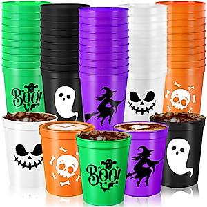 Erweicet 50 PCS Halloween Plastic Party Cups 16 oz Colorful Halloween Disposable Cups Ghost Witch 5 Colors Design Halloween Cups for Coffee Juice Wine Liquor Halloween Party Supplies