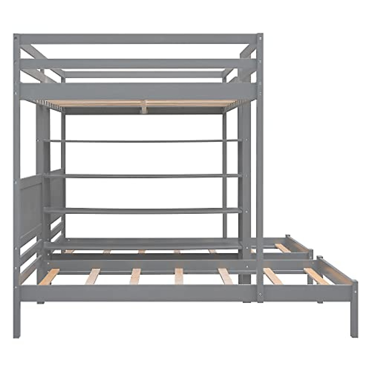 BOVZA Modern Triple Bunk Bed Frame, Twin XL Over Twin&Twin Wooden Bunk Bed with Built-in 4 Shelves and Ladder, Saving Space, Gray