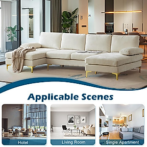 VINGLI 110" Large U-Shape Sectional Sofa Couch with 51" D Double Chaise for Living Room, Modern Sectional Couch Set with Soft 5.9" Thickness Seating Padding, Chenille Fabric,Metal Gold Legs(Beige)