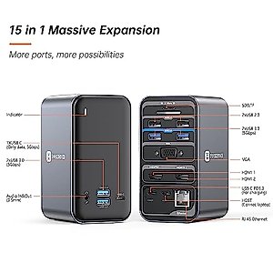 TobenONE USB C Laptop Docking Station Dual Monitor, 15-in-1 USB C Dock with Dual HDMI, 65W Power Supply, VGA, 4 USB 3.0, 2 USB 2.0, USB C, SD/TF, Ethernet and Audio/Mic for Lenovo, HP, Dell, Surface