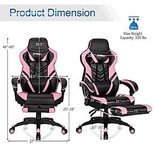 GYMAX Gaming Chair, Ergonomic Computer Chair with Footrest, Linkage Armrests & Lumbar Cushion, Big Wide High Back Video Gaming Chair, Reclining Office Rolling Chair for Adult/Teens (Pink)