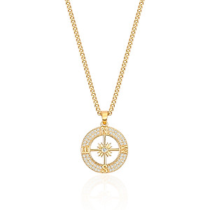 PEARLADA 18K Gold Cuban Chain Compass Pendant Necklace with Micro-Inlaid Cubic Zirconia Halo Womens Handmade Navigation Travel Jewelry for Graduation Gift