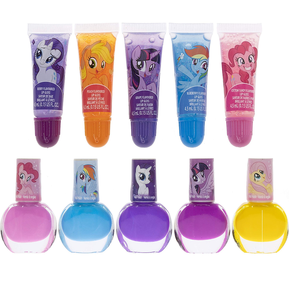 Townley Girl My Little Pony 10 Pcs Sparkly Cosmetic Beauty Makeup Set for Kids Girls Teen with 5 Pcs Lip Gloss, 5 Pcs Nail Polish & Nail Stickers Perfect for Parties, Sleepovers and Makeovers Age 3+