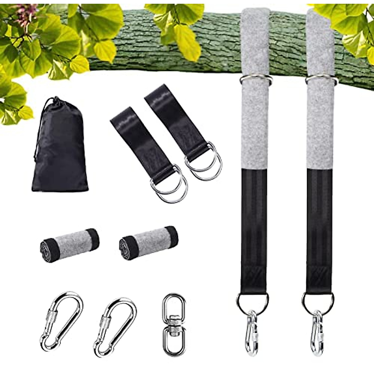 5FT Tree Swing Hanging Straps Kit 2 Pack, Holds 2000 lbs, 2 Tree Swing Straps+2 Heavy Duty Screw Lock Carabiners+2 Tree Protectors+Swivel Hook, Fast & Easy to Hang Any Swing or Hammock