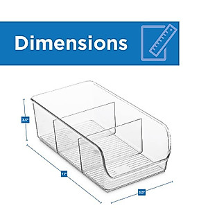 Set Of 4 Plastic Food Storage Organizer Bins - Divided 3 Compartment Kitchen Pantry Fridge Organizers for Food Packets, Seasoning, Spices, Sauce Packets, Pouches, Snacks - Clear Plastic Storage Rack