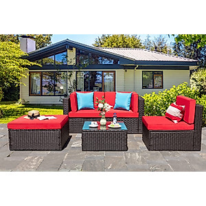 Vongrasig 5 Piece Furniture, Small All-Weather Brown PE Wicker Outdoor Couch Sectional Patio Conversation Set Garden Patio Sofa w/Ottoman, Glass Table, Red
