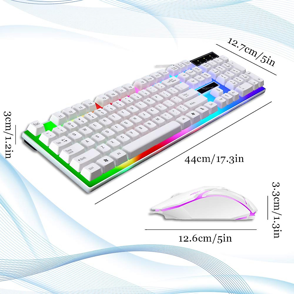 BenRan Wired Gaming Keyboard Rainbow Backlit Mechanical Keyboard Mouse Combo, LED 104 Keys USB Ergonomic Keyboard, Mouse for PC Gamer(White)