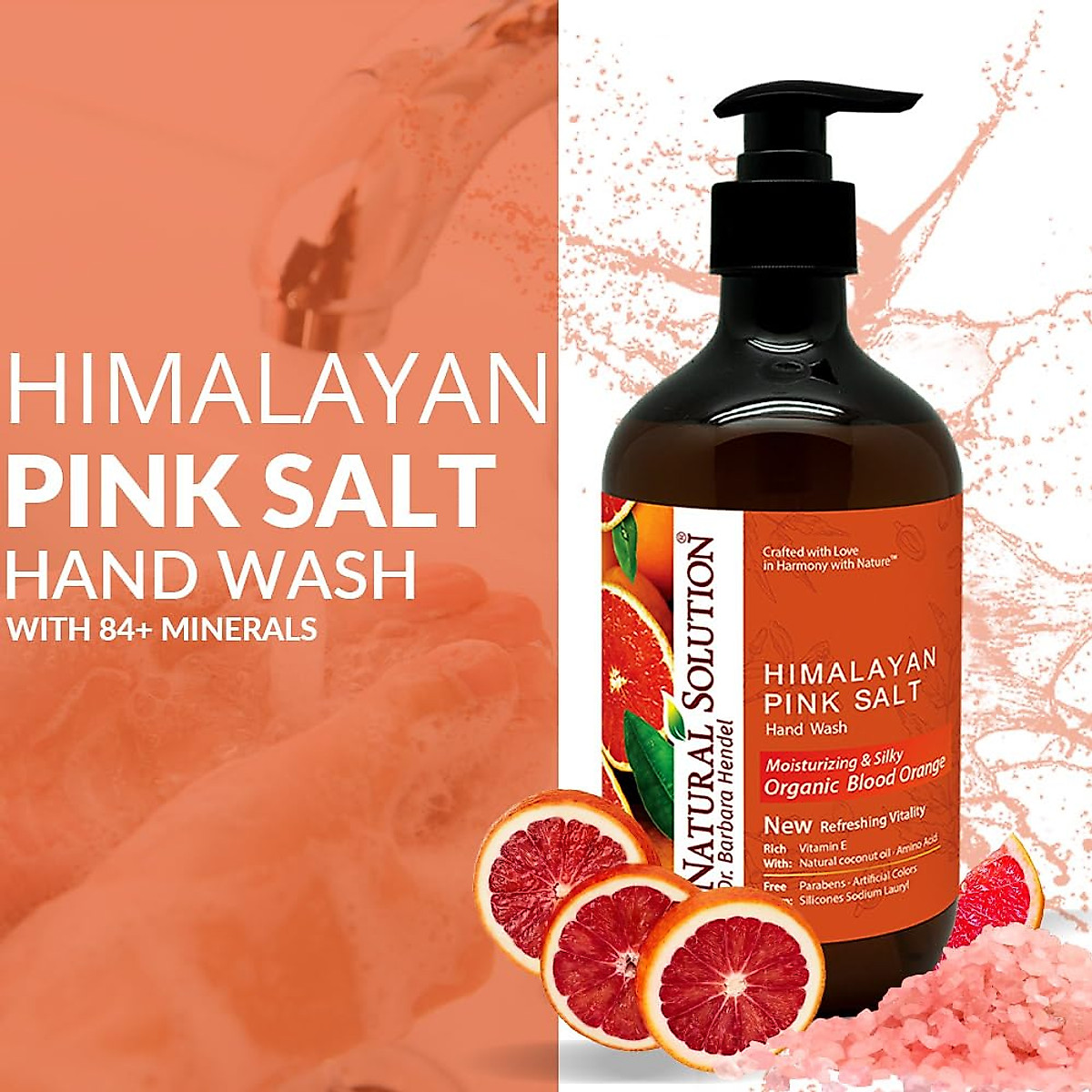 Natural Solution Hand Wash - Moisturizing Blood Orange & Himalayan Pink Salt Liquid Soap - 14 oz (Pack of 3) | Hydrating & Gentle Formula | Ideal for Daily Use