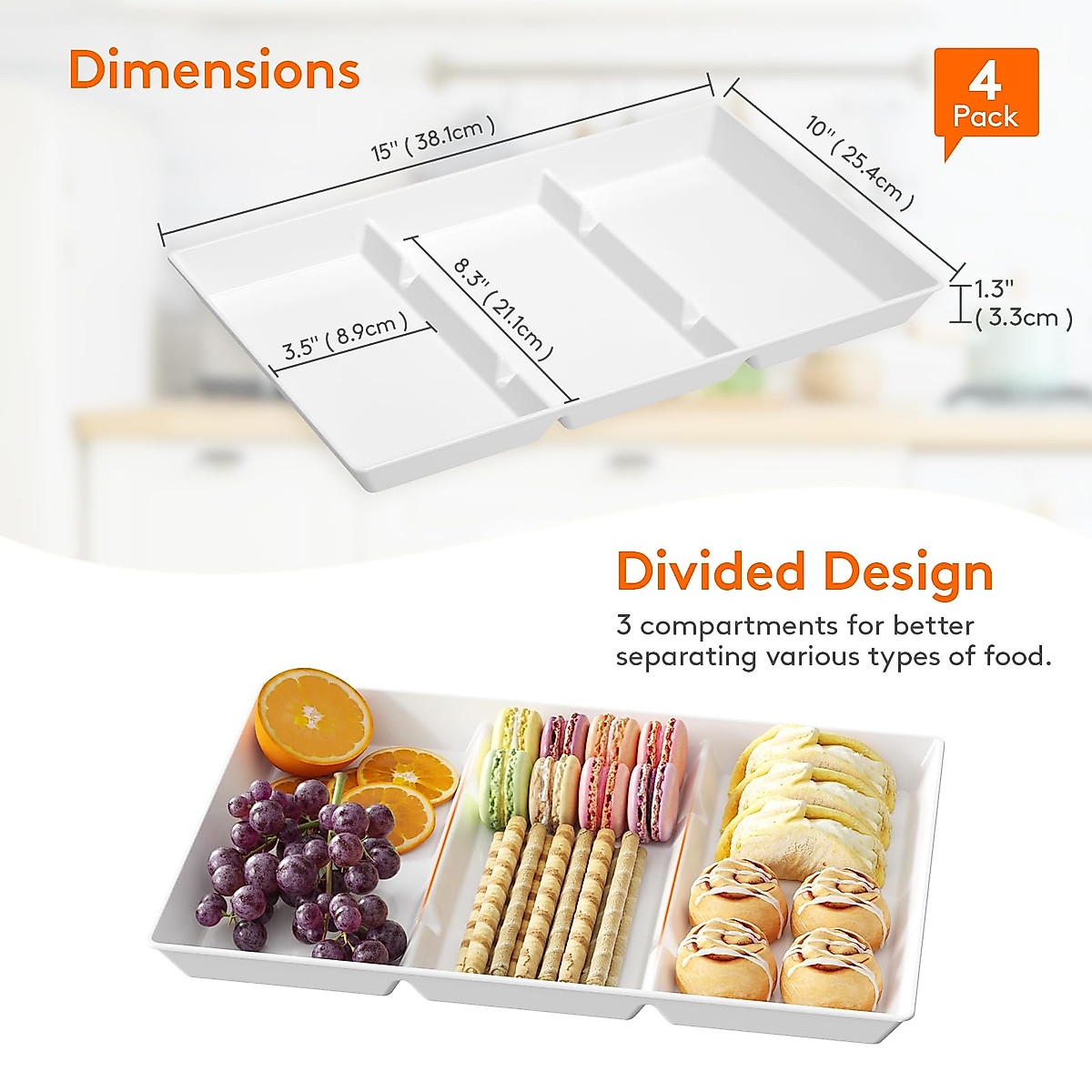 Lifewit Serving Tray Divided for Party Supplies, 4 PCS 15" x 10" Plastic Platters for Serving Food, White Reusable Tray for Veggie, Snack, Fruit, Cookies, Desserts in Kitchen/Pantry