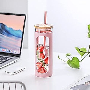 Kodrine 20oz Glass Water Tumble with Straw and Lid,Bamboo Lids Water Bottle, Iced Coffee Cup Reusable, Wide Mouth Smoothie Cups, Straw Silicone Protective Sleeve BPA FREE-Pink