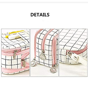 Wangyiqian Pencil Pen Case Multi Compartments Pen Bag Pouch Holder Large Capacity Square Grid Cosmetic Bags Organizer Girls Boys Adults Teen Double Window