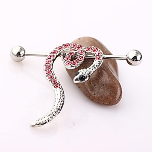 14G Coiled Snake Industrial Barbell Earring, Stainless Steel Cartilage Body Piercing Jewelry- Snake with Pink Rhinestone- Industrial Piercing Bar for Women, 38mm, 3.8x1.6cm (XIF71724627D30BGSMAW6)