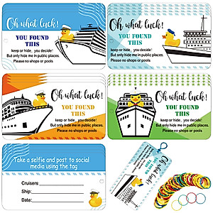 100 Sets Duck Duck Tags Ducking Game Card Cruise Duck Tags Cruising Tags 2 x 3.5 Inches Double Sided Duck Tags with Hole and Rubber Bands for Halloween Christmas Party Favor, 4 Styles