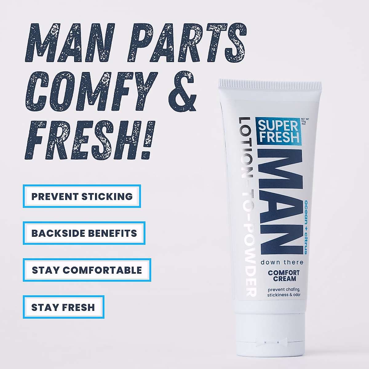 Super Fresh Man Parts Ball Deodorant For Men - 2-in-1 Deodorant & Powder Lotion that Deodorizes and Stops Sticky, Itchy, Smelly Man Parts - Aluminum Free, No Talc, No Parabens - Dermatologist Tested - Made in USA - 4 fl oz Tube