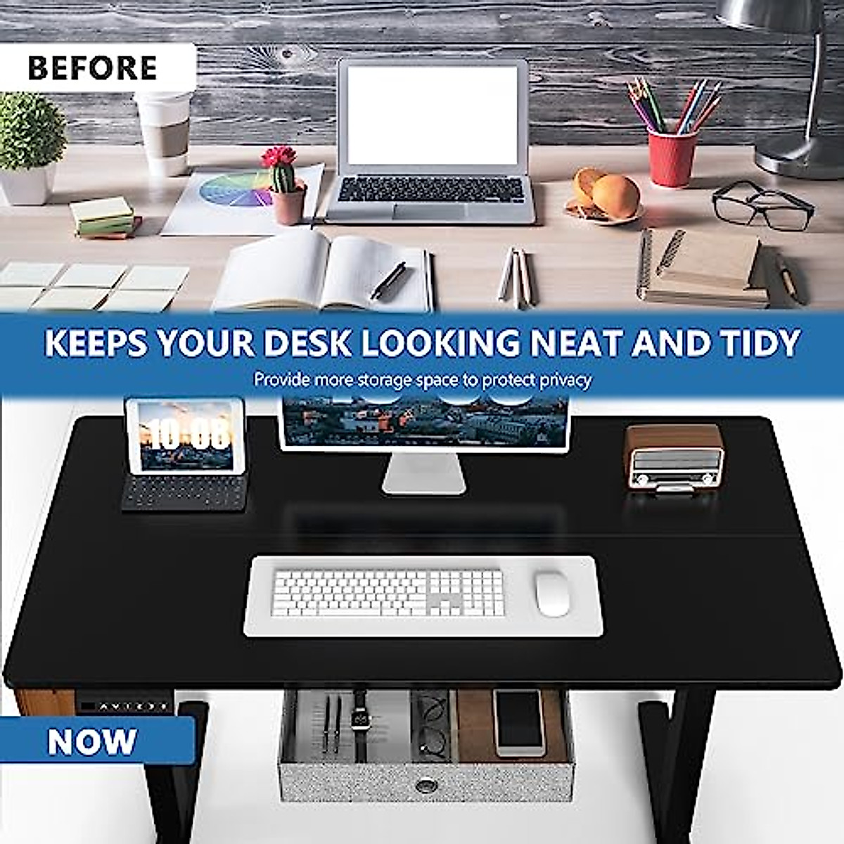 DUMOS Adjustable Height Electric Standing Desk with Drawer,48 x 24 in Ergonomic Computer Table with Splicing Board, Wire Hole and Hook for Workstation for Home, Office, Black