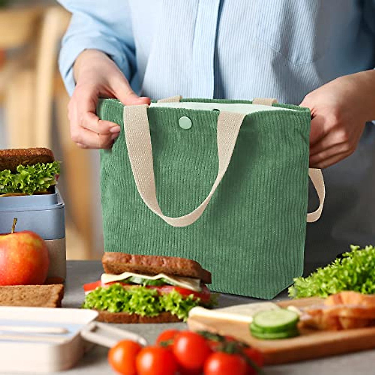 Sweetude 3 Pcs Corduroy Tote Bag for Women Girl Makeup Bag Aesthetic Tote Bag Corduroy Bag Cute Cosmetic Bag for Shopping (Grass Green)