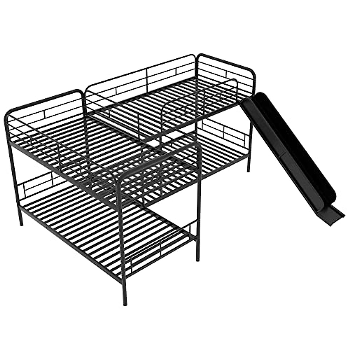 Tulib Twin Size L-Shaped Bunk Bed with Slide, Metal Bunkbed Frame w/Ladder & Safety Guardrail for 4, Bedroom, Home, No Spring Box Needed, Black