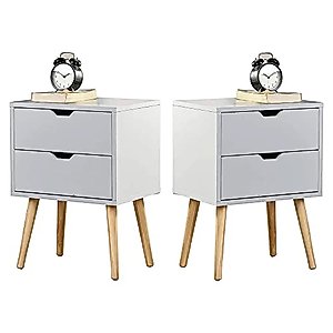 sweetgo End Side Table Nightstand with Storage Drawer -Fashion Modern Assemble Storage Cabinet Bedroom Bedside -Solid Wood Legs Living Room Bedroom Furniture-Double Drawer Nightstand-Set of 2 (White)