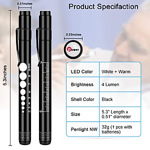 Opoway Pen Light Nurse Pen Light Medical Pen Lights with Pupil Gauge for Nurses Doctors Nursing Students 2pcs Black with Batteries(2 Replacement Warm Light Bulbs Included)