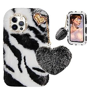 Furry Case for Samsung Galaxy S21 FE 5G, Girlyard Soft Fluffy Plush Faux Rabbit Fur Warm Hairy Shockproof Silicone Bumper Protective Cover with Cute Love Heart Hair Ball Pendant - Zebra White