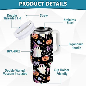 ODAWA Large Cute Halloween Specter Insulated Water Tumbler with Handle and Straw Lid, 2 in 1 Lid Steel Insulated Tumbler